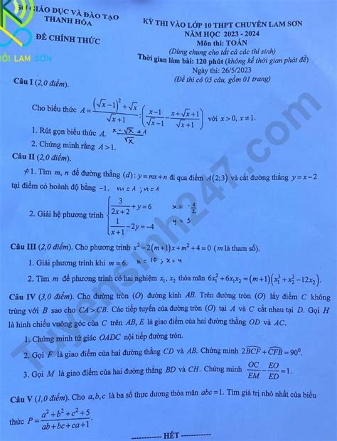Đề tuyển sinh vào lớp 10 THPT Chuyên Lam Sơn môn Toán 2023 - Có đáp án
