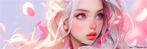 Beautiful Blonde Cute Anime Girl And Pink Leaves 4k Wallpaper Download