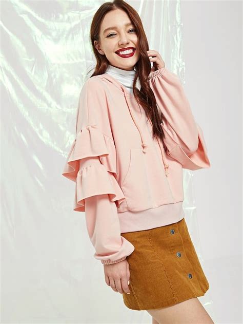 Shein Ruffle Trim Exaggerate Sleeve Hoodie Exaggerated Sleeves