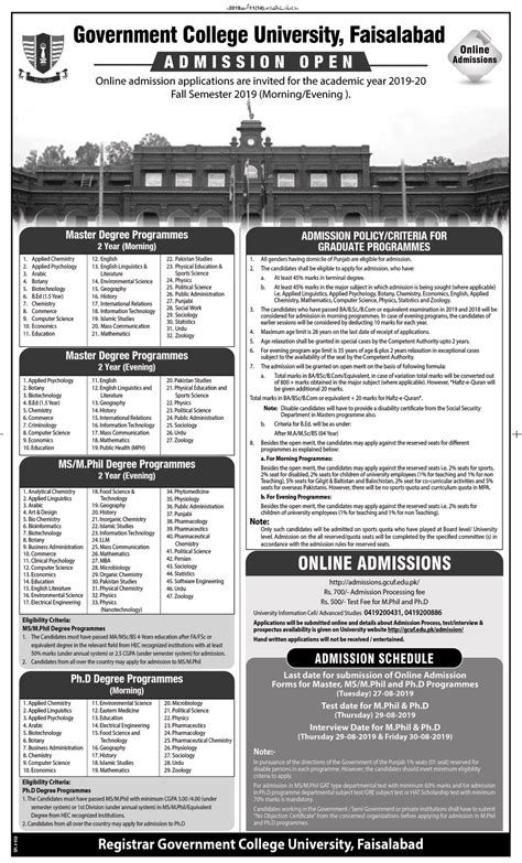 Gc University Faisalabad Admissions Open 2019 2020 Free Online Mcqs