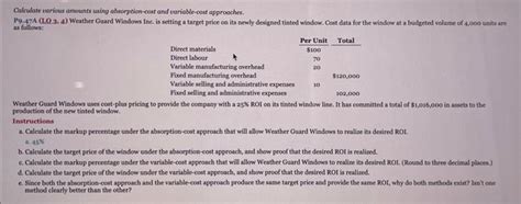 Solved Colculate Various Amounts Using Absorption Cost And Chegg