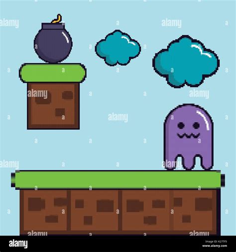 Display Game Pixel Interface With Ghost And Clouds Icons Colorful Design Vector Illustration