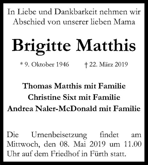 Traueranzeigen Von Brigitte Matthis Trauernnde