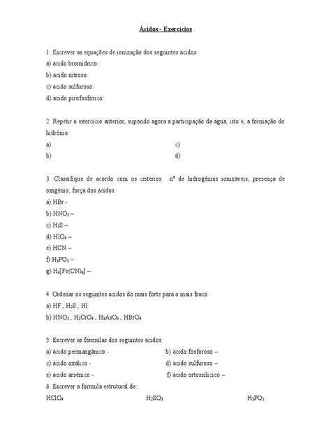 Ácidos E Bases Exercícios De Nomenclatura E Equações Pdf Ácido