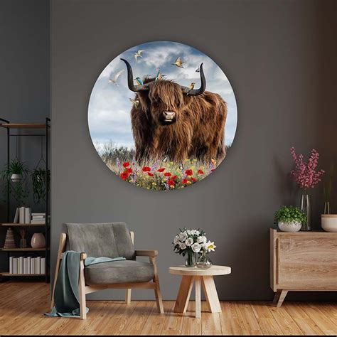 Muurcirkel Schotse Hooglander Vogels En Bloemen FotoprintXL
