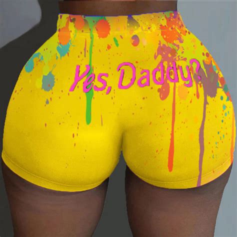 Wholesale Yellow Elastic Fly Mid Print Skinny Shorts Bottoms K2047 Y Online
