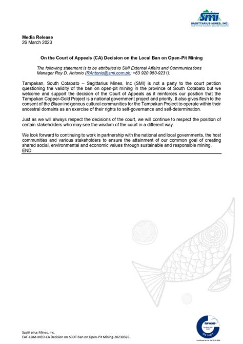 Sagittarius Mines Incorporated Latest News And Events Media Release