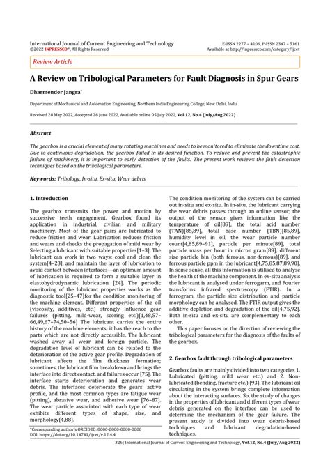 Pdf A Review On Tribological Parameters For Fault Diagnosis In Spur Gears