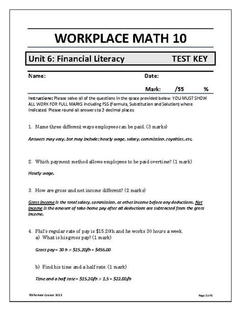 Workplace Math 10 Unit 6 Financial Literacy Test Answer Key Tpt