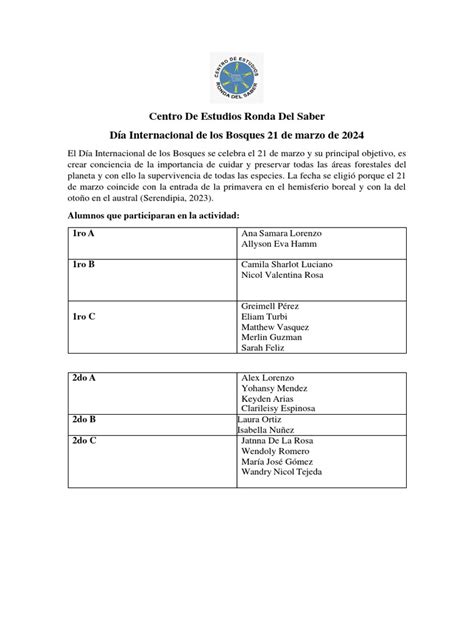 Día Internacional De Los Bosques 21 De Marzo De 2024 16 3 24 Pdf