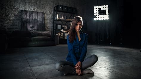 Legs Crossed Denim Jeans Barefoot Sitting Women Brunette Looking At Viewer Grey Shirt