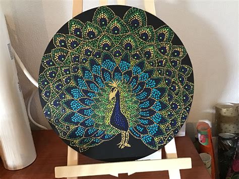Peacock On Round Canvas Dot Art Painting Mandala Wall Art Mandala