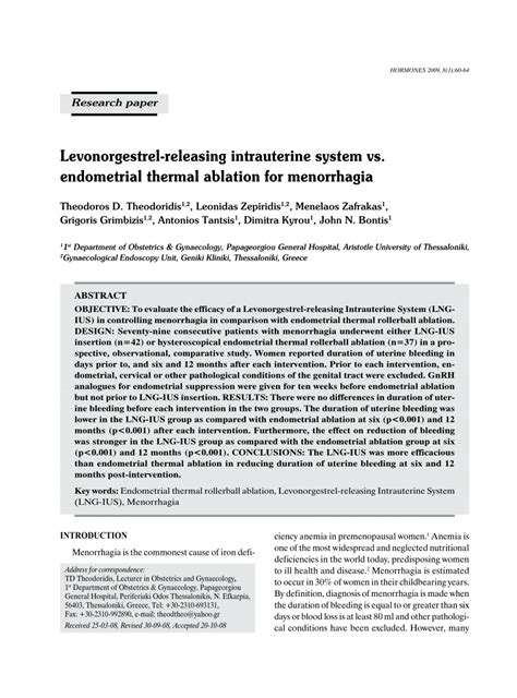 Pdf Levonorgestrel Releasing Intrauterine System Vs Endometrial Thermal Ablation For Menorrhagia