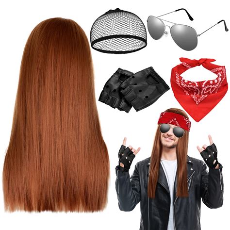 Hotop 80s 90s Rocker Costume Set For Men Halloween Punk Rock Wig