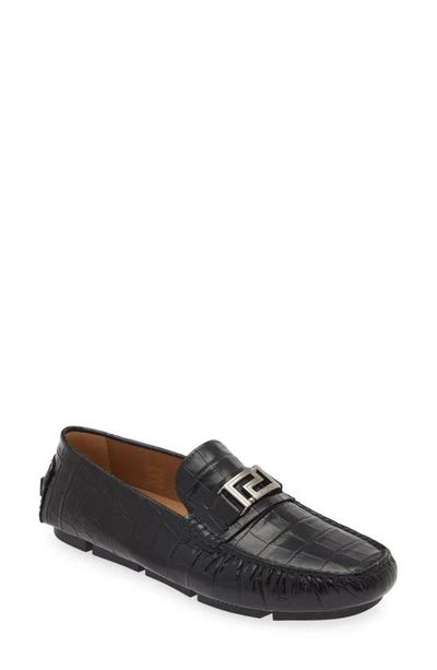 Versace Greca Croc Embossed Driving Loafer In Black Ruthenium Modesens