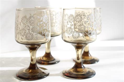 Vintage Libbey Smoke Brown Wine Glasses Tawny Impromptu W White Daisy