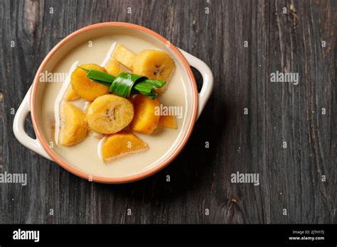 Indonesia Food Kolak Pisang Banana Compote Popular For Takjil Ramadan Top View With Copy Space