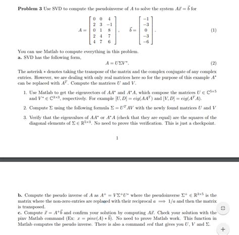 Problem 3 Use Svd To Compute The Pseudoinverse Of A