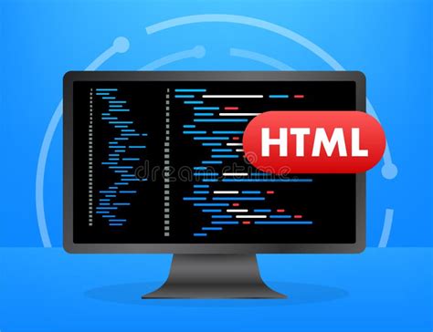 Computer Monitor Showing Html Programming Code On Blue Background Stock