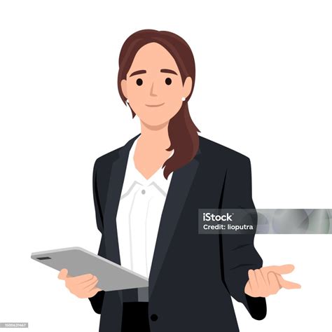 젊은 여성 회사 직원이 미소를 짓고 디지털 태블릿을 들고 서 있는 삽화 여자 판매원에 대한 스톡 벡터 아트 및 기타 이미지 여자 판매원 여자 사업가 태블릿 Istock