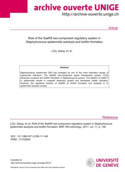 Role Of The Saers Two Component Regulatory System In Staphylococcus Epidermidis Autolysis And