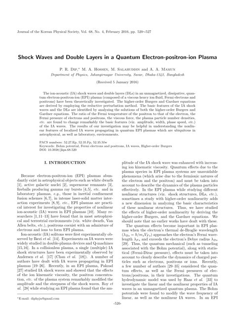 Pdf Shock Waves And Double Layers In A Quantum Electron Positron Ion Plasma