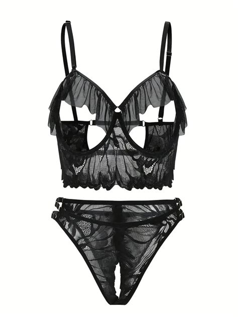 Plus Size Contrast Mesh Semi Sheer Sexy Lingerie Set Womens Temu