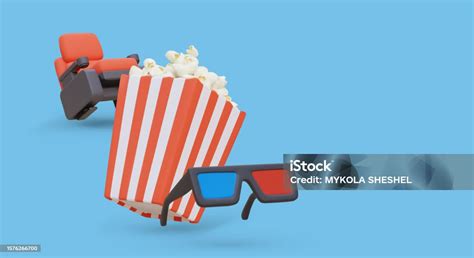 3d 영화관 좌석 팝콘 양동이 입체 안경 편리한 영화 감상을 위한 모든 것 3차원 형태에 대한 스톡 벡터 아트 및 기타 이미지