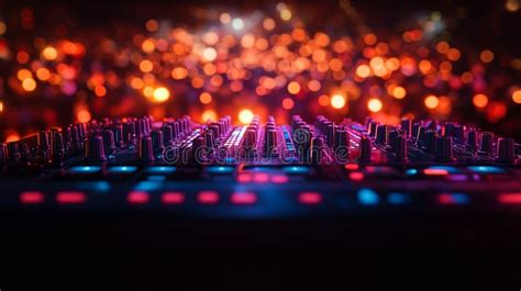 Vibrant Nightlife Scene With Colorful Lights And DJ Mixer In Focus At A