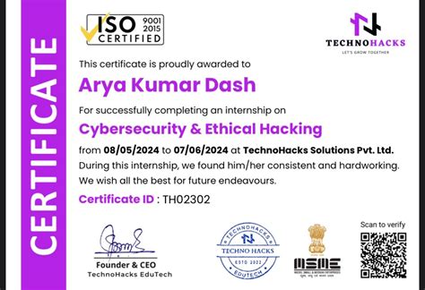 Internship Cybersecurity Linkedin Ethicalhacking Technohacks Career Learning Achievement