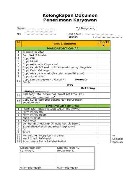 Contoh Formulir Check List Verifikasi Kelengkapan Dok