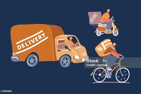 온라인 배달 서비스 개념 온라인 주문 추적 배달 가정 및 사무실의 만화 벡터 그림 트럭 드론 스쿠터 및 자전거 택배 격리에 대한