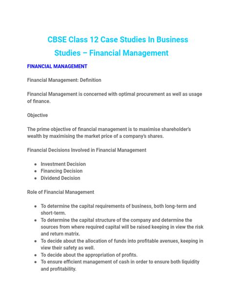 Cbse Class 12 Case Studies In Business Studies Financial Management