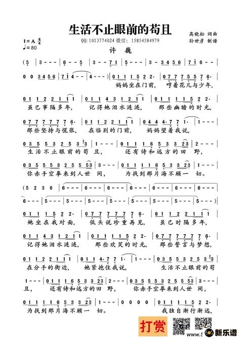 《生活不止眼前的苟且》最新曲谱许巍 孙世彦制谱 许巍钢琴谱吉他谱 新乐谱