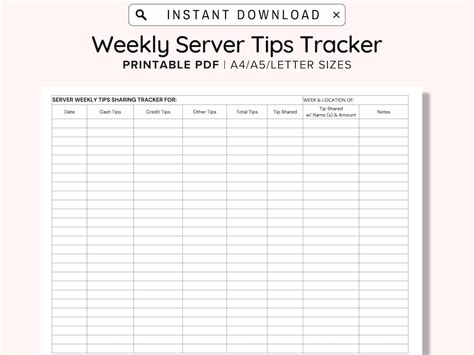 Server Tips Tracker Sheet Printable For Tip Sharing Weekly Breakdown Pdf Digital Download A4a5