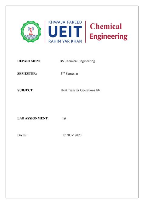 HT Lab Assignment Lab Material DEPARTMENT BS Chemical Engineering SEMESTER 5 TH Semester