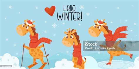 귀여운 겨울 기린 스케이트와 눈송이와 비문이있는 푸른 배경에서 스키를 타는 완벽한 국경 안녕하세요 겨울 벡터 일러스트레이션 디자인 카드 배너 장식을위한 수평 템플릿 12월에