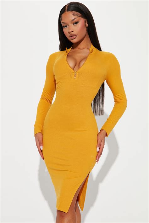Heather Ribbed Midi Dress Mustard Fashion Nova