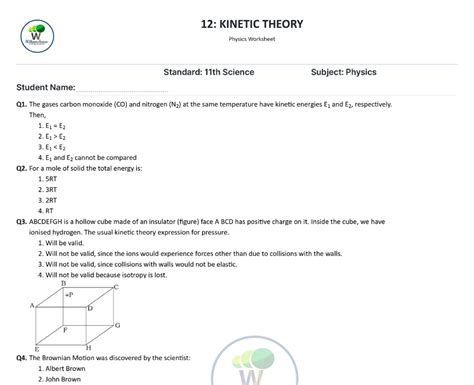 Kinetic Theory Class 11 Worksheet With Answers Including Mcqs
