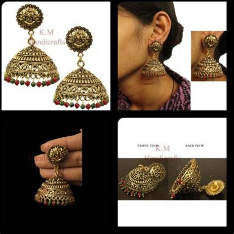 Gs Traditional Dome Shaped Jhumkas With Intricate Patterns And Red And