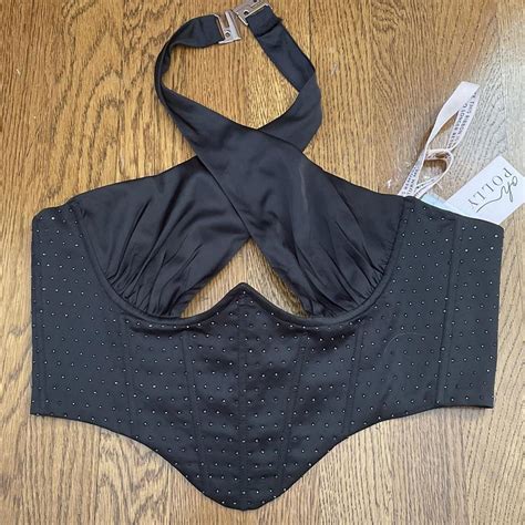 Oh Polly Black Rhinestone Corset Satin Top So Depop