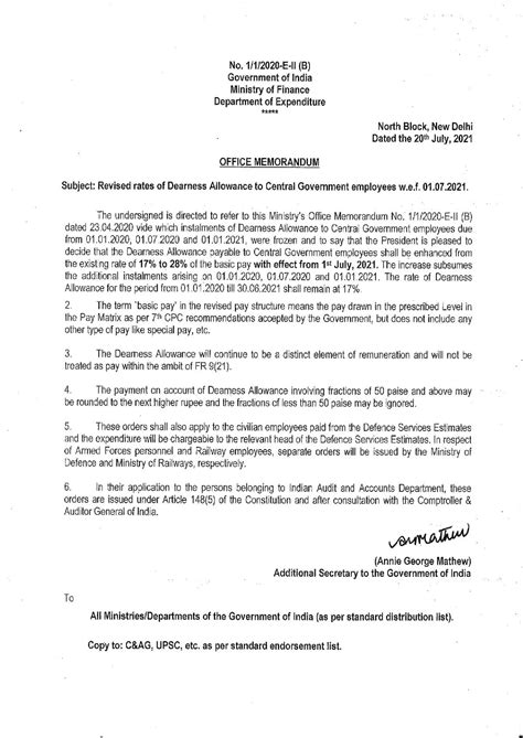 Revised Rates Of Dearness Allowance Wef 01072021 Fin Min Doe