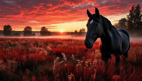 Чёрная лошадь стоит в поле под лучами заката её силуэт выделяется на фоне огненного неба