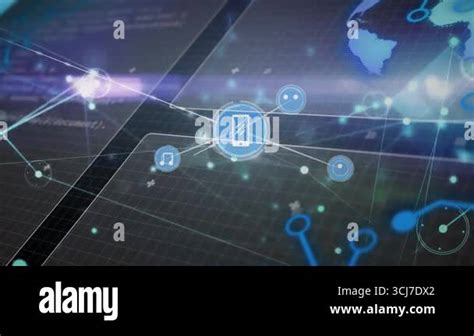 Lines Pulsing From Smartphone Connecting Music Note Nodes While Purple Sweep Forming Global