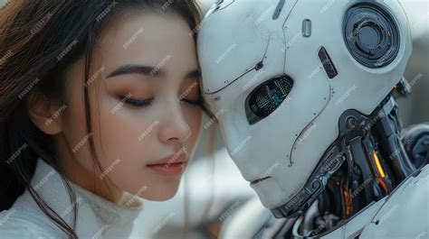 Young Woman Connects With Advanced Android Humanoid Robot In Futuristic