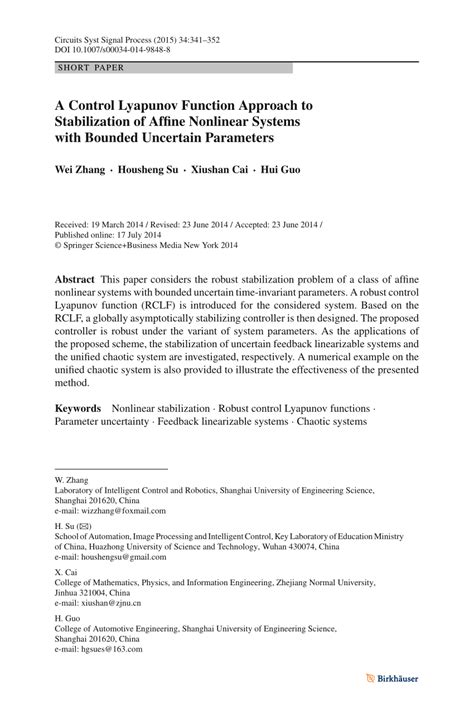 PDF A Control Lyapunov Function Approach To Stabilization Of Affine Nonlinear Systems With