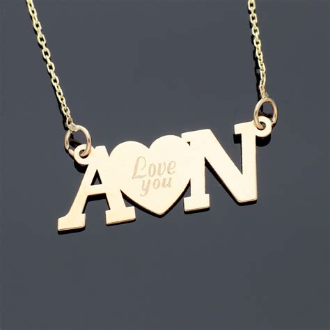 Lantisor Cu Initiale Si Inimioara Personalizata Cu Gravura Aur Galben 14k Orice Litera La