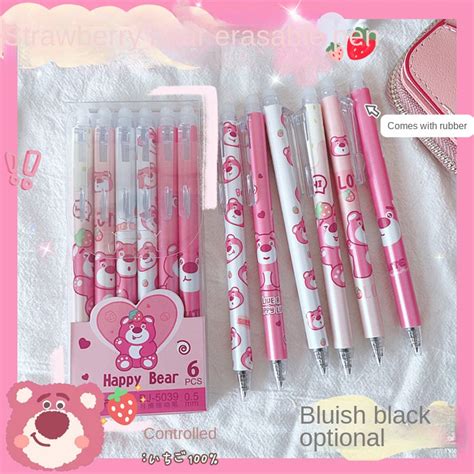 Caneta De Urso 6pcs De Morango 0 5mm Apagável Papelaria Estudantil