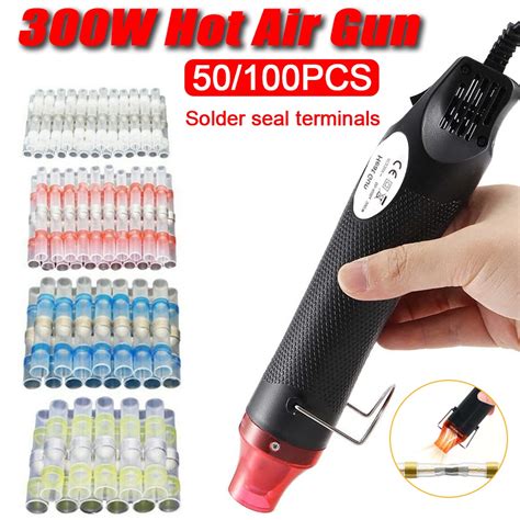 솔더 씰 커넥터 열 수축 버트 압착 단자 키트 100 w 핫 에어 히트 건과 전기 와이어 케이블 스플라이스 50 300