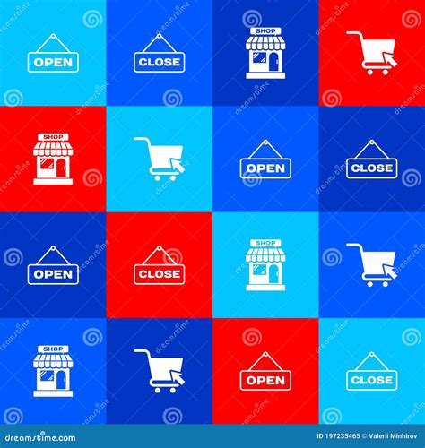 Set Hanging Sign With Open Door Close Market Store And Shopping Cart